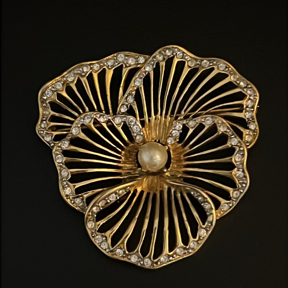 Vintage Hms 90s Gold Pansy Floral Pave Crystal Rhines… - Gem